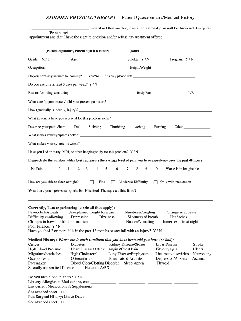 Fillable Online STODDEN PHYSICAL THERAPY Patient Questionnaire Fax ...