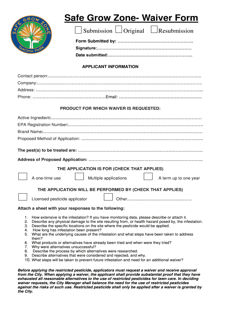 Fillable Online Safe Grow - Waiver Form - documentsbtakomaparkmdgovb ...