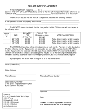 Fillable Online ROLL OFF DUMPSTER AGREEMENT - El Dorado KS Fax Email ...