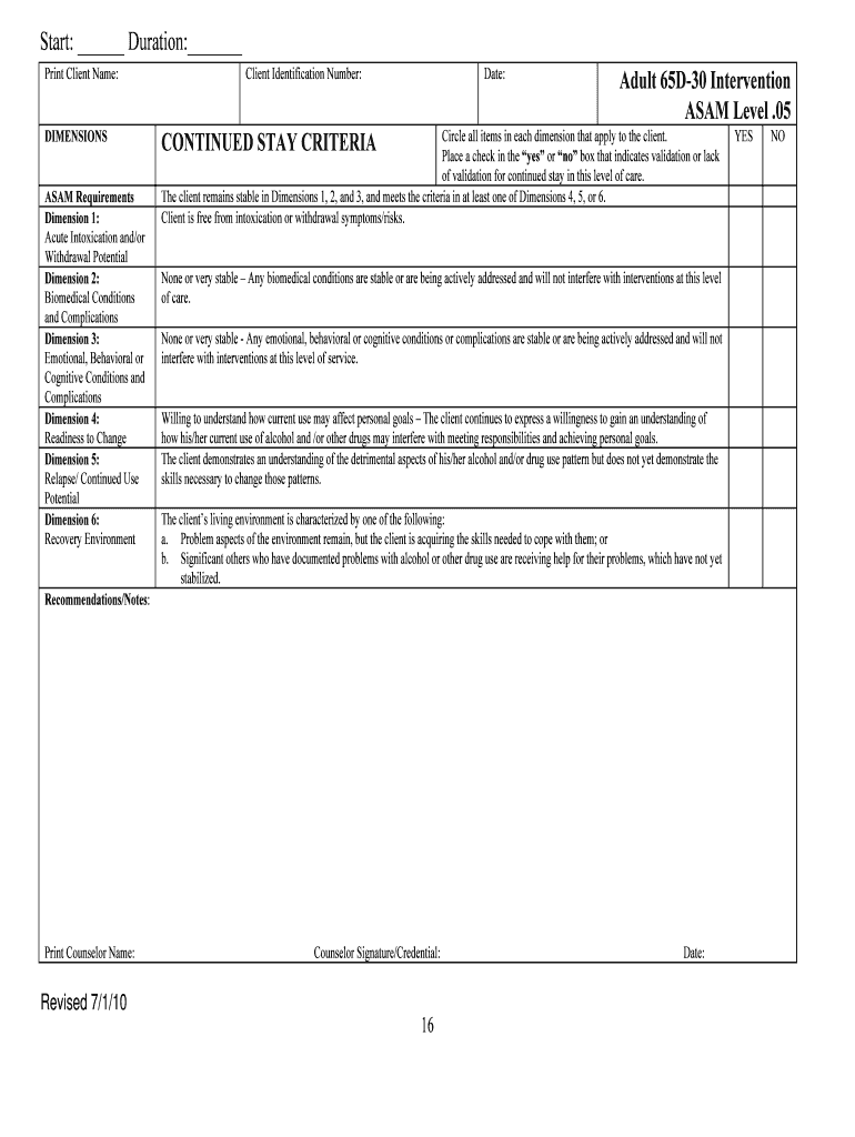 Fillable Online intranet spbh DIMENSIONS CONTINUED STAY CRITERIA YES NO ...