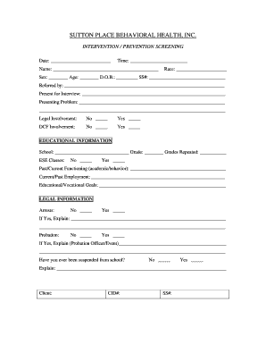 Fillable Online intranet spbh INTERVENTION PREVENTION SCREENING Fax ...