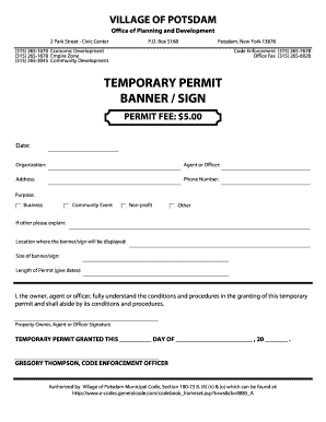 Fillable Online TEMPORARY PERMIT BANNER SIGN - Potsdam Fax Email Print ...