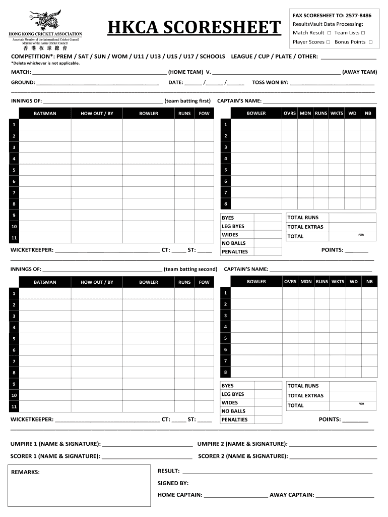 Fillable Online HKCA Scoresheet domestic.numbers Fax Email Print ...