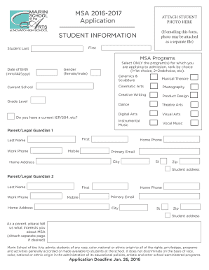 Fillable Online marinschoolofthearts MSA 20162017 Application ATTACH ...