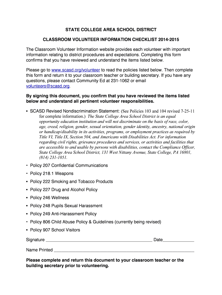 Fillable Online homepage scasd CLASSROOM VOLUNTEER INFORMATION ...