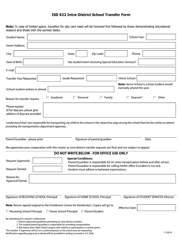Fillable Online isd622 ISD 622 Intra-District School Transfer Form Fax ...