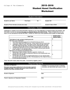 Fillable Online albemarle 2015 2016 Student Asset Verification ...