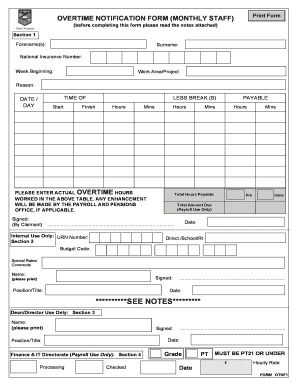 Fillable Online keele ac OVERTIME NOTIFICATION FORM MONTHLY STAFF Fax ...
