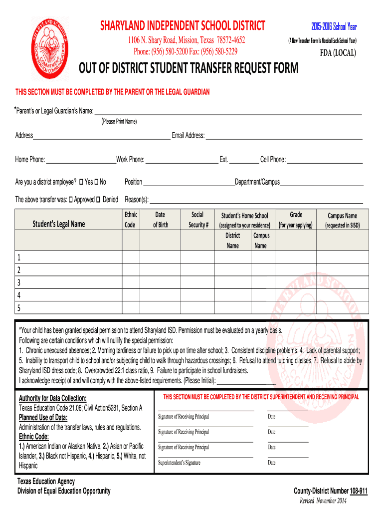 Fillable Online sharylandisd Sample Transfer Request Form - Sharyland ...