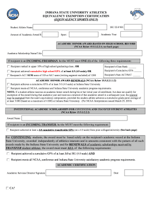 Fillable Online INDIANA STATE UNIVERSITY ATHLETICS EQUIVALENCY ...