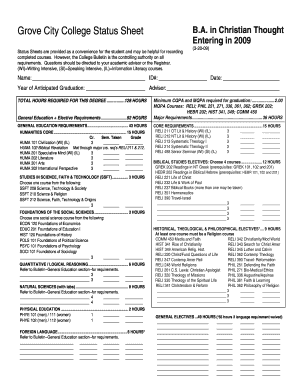 Fillable Online Grove City College Status Sheet BA in Christian Thought ...