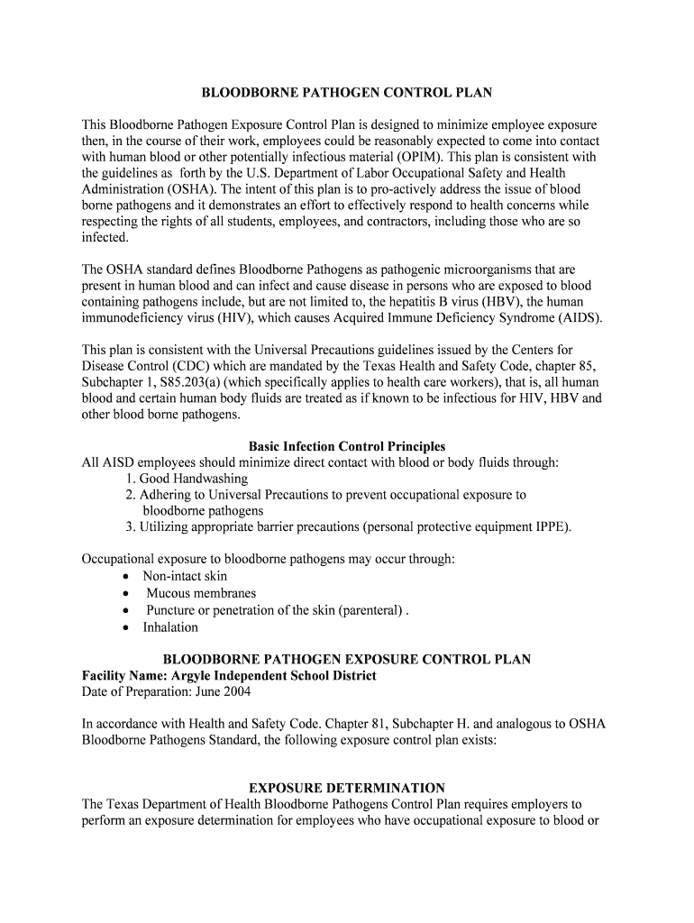 Fillable Online BLOODBORNE PATHOGEN CONTROL PLAN - Argyle Texas Fax ...