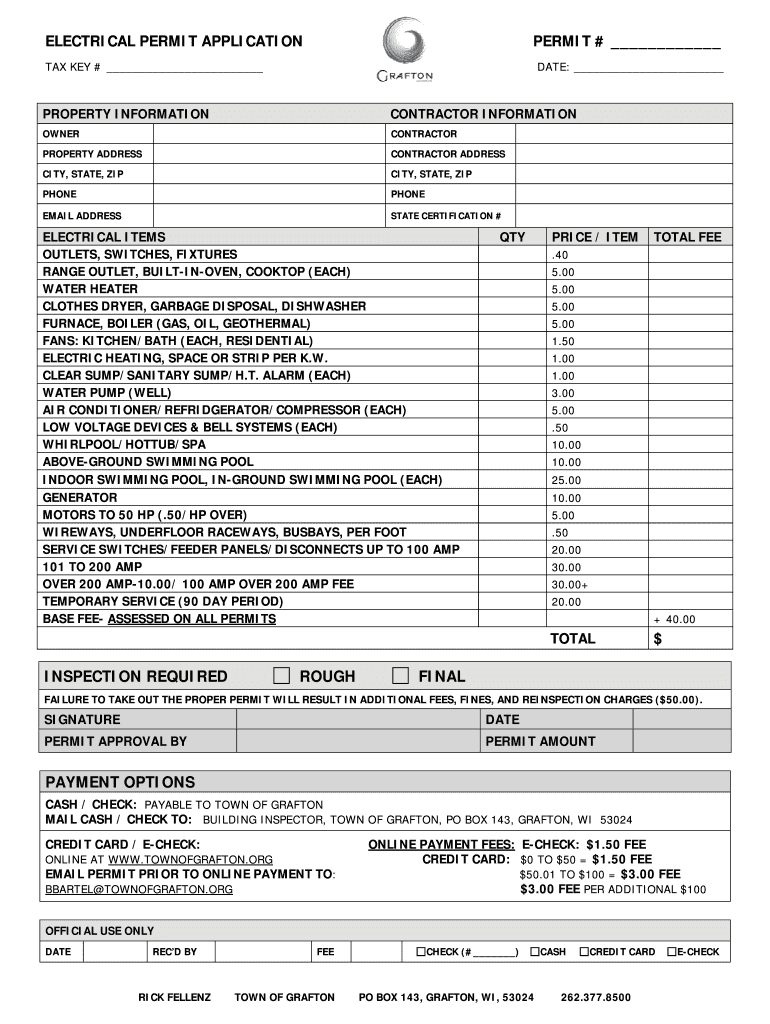 Fillable Online Electrical Permit Application - Town of Grafton Fax ...