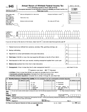 Fillable Online 2001 Form 945. Annual Return of Withheld Federal Income ...