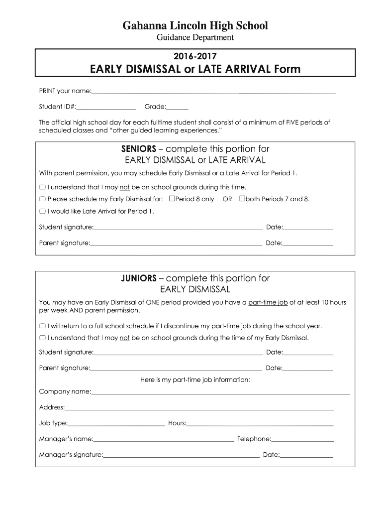 Fillable Online gahannaschools 2016-2017 EARLY DISMISSAL or LATE ...