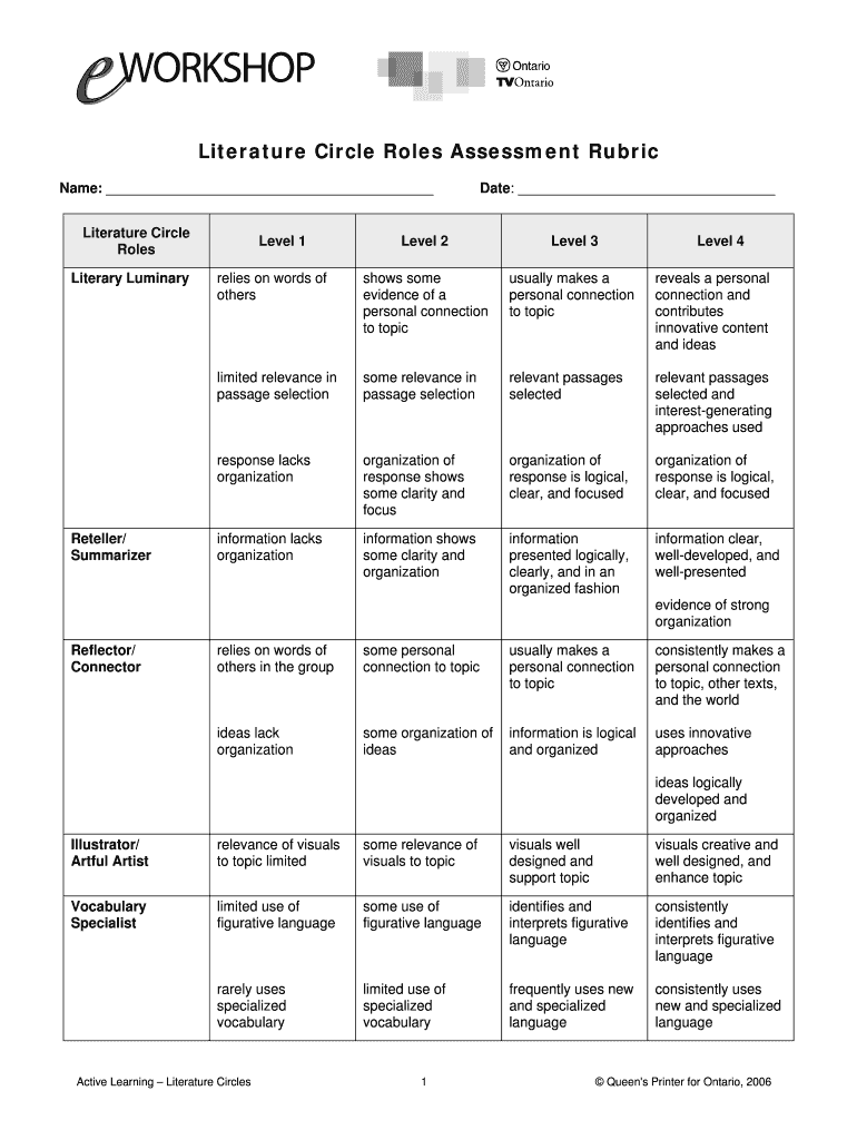 Fillable Online Literature Circle Roles-Assessment Rubric Fax Email ...