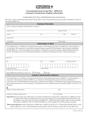 Fillable Online concordiaplans 11386-0215EBSO ACH Funding Authorization ...