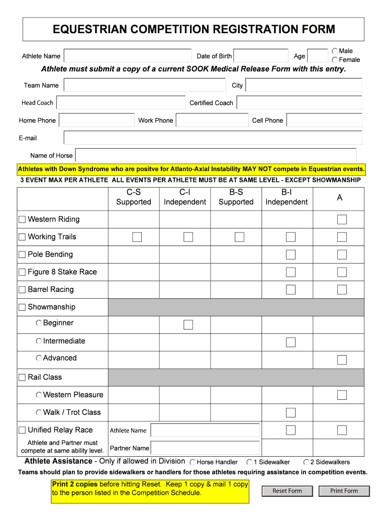 Fillable Online sook EQUESTRIAN COMPETITION REGISTRATION FORM Fax Email ...