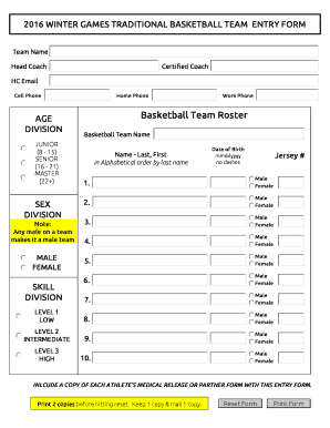 Fillable Online sook 2016 WINTER GAMES TRADITIONAL BASKETBALL TEAM ...