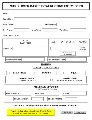Fillable Online sook 2013 SUMMER GAMES POWERLIFTING ENTRY FORM Fax ...
