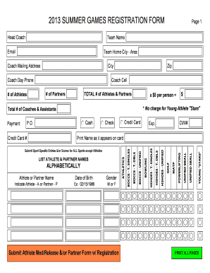 Fillable Online sook 2013 SUMMER GAMES REGISTRATION FORM Page 1 Head ...