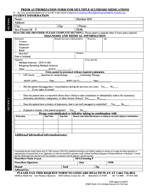 Fillable Online PRIOR AUTHORIZATION FORM FOR MULTIPLE SCLEROSIS Fax ...