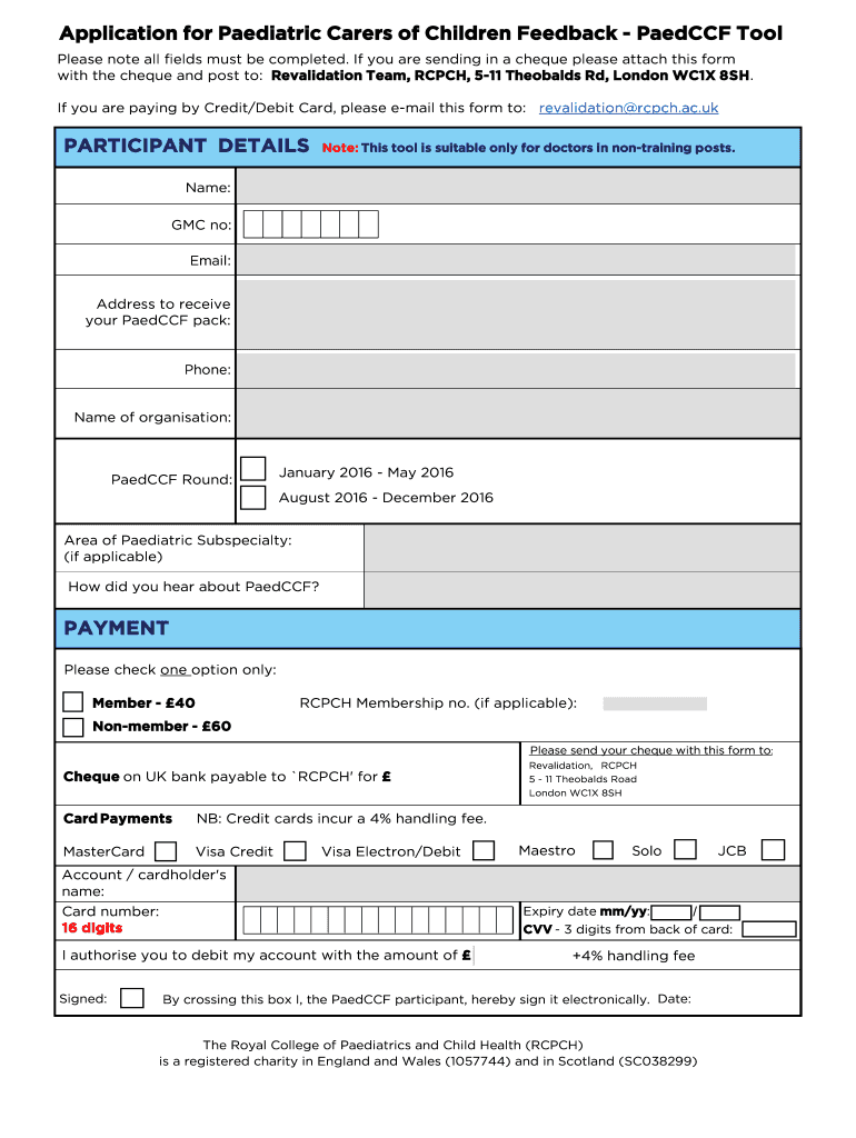 Fillable Online rcpch ac Application for Paediatric Carers of Children ...