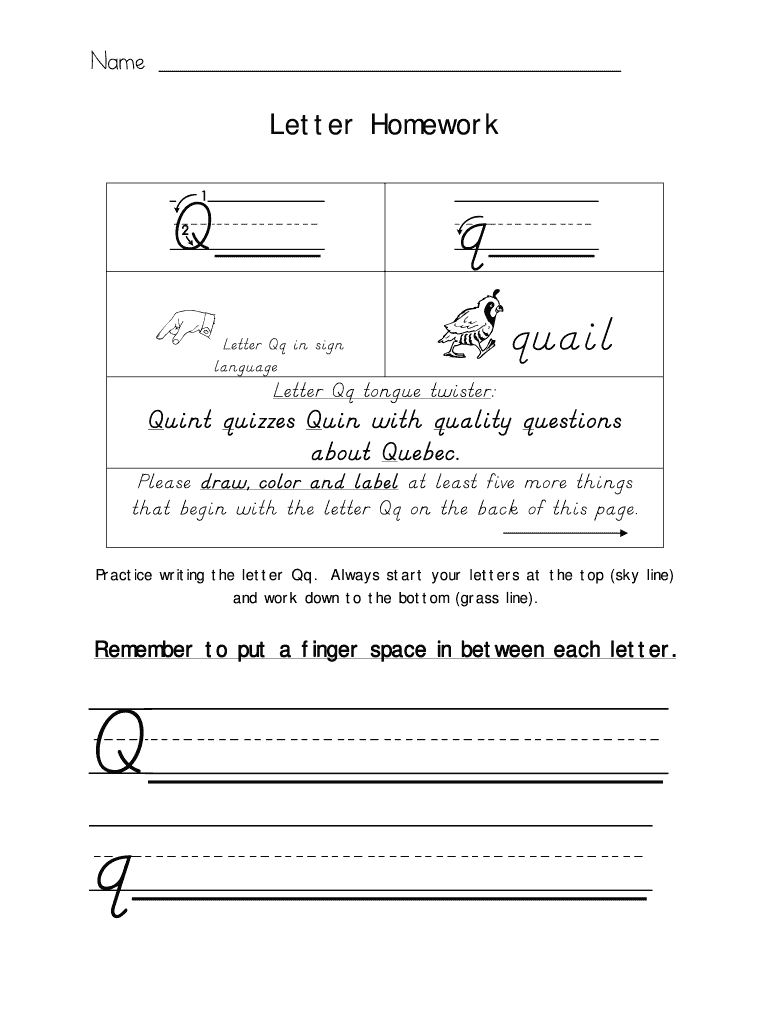 Fillable Online Name Letter Homework Q q Letter Qq in sign language ...