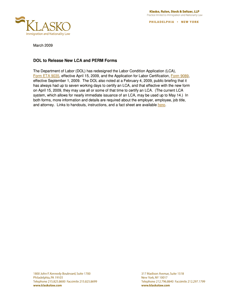 Fillable Online DOL to Release New LCA and PERM Forms Fax Email Print ...