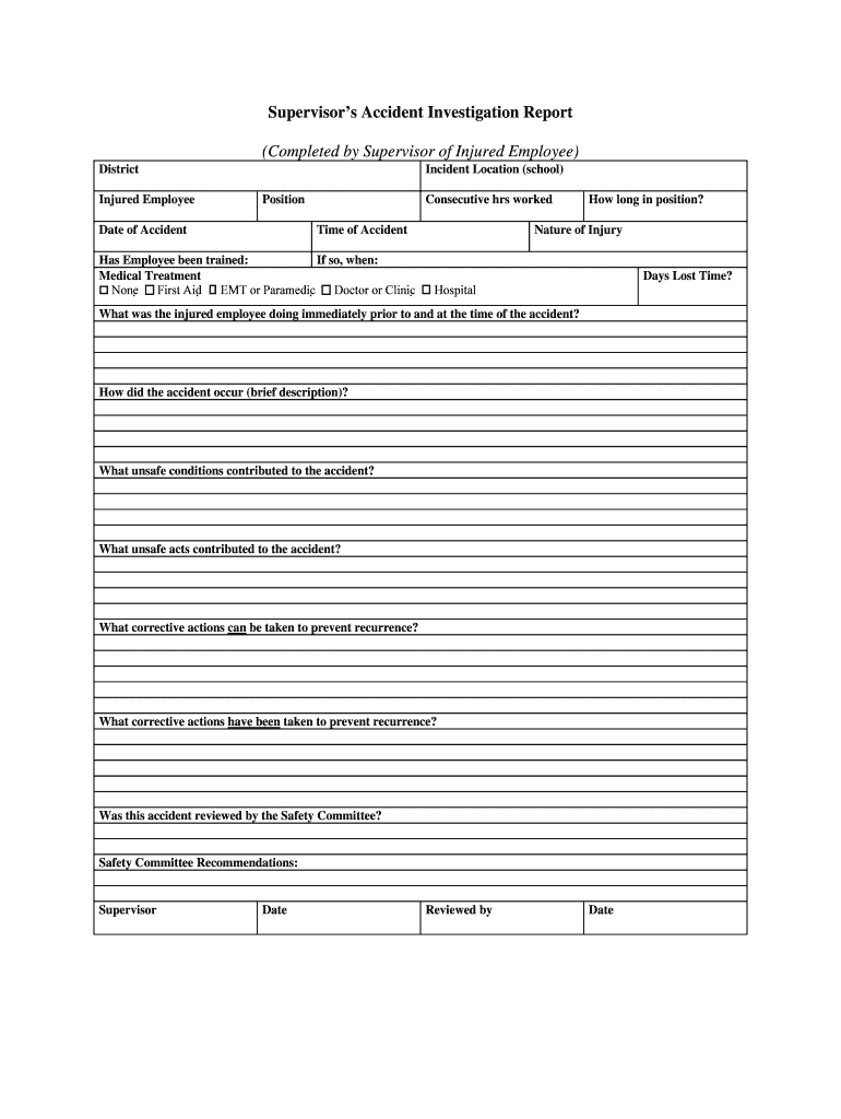 Fillable Online Supervisors Accident Investigation Report (Completed by Supervisor of Injured ...