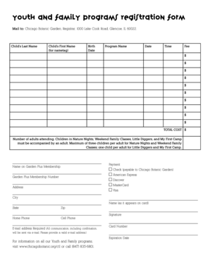 Fillable Online Youth and family programs Registration Form Fax Email ...