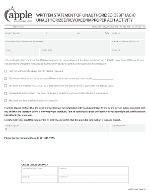 Fillable Online applefcu Written Statement of Unauthorized Debit ACH ...