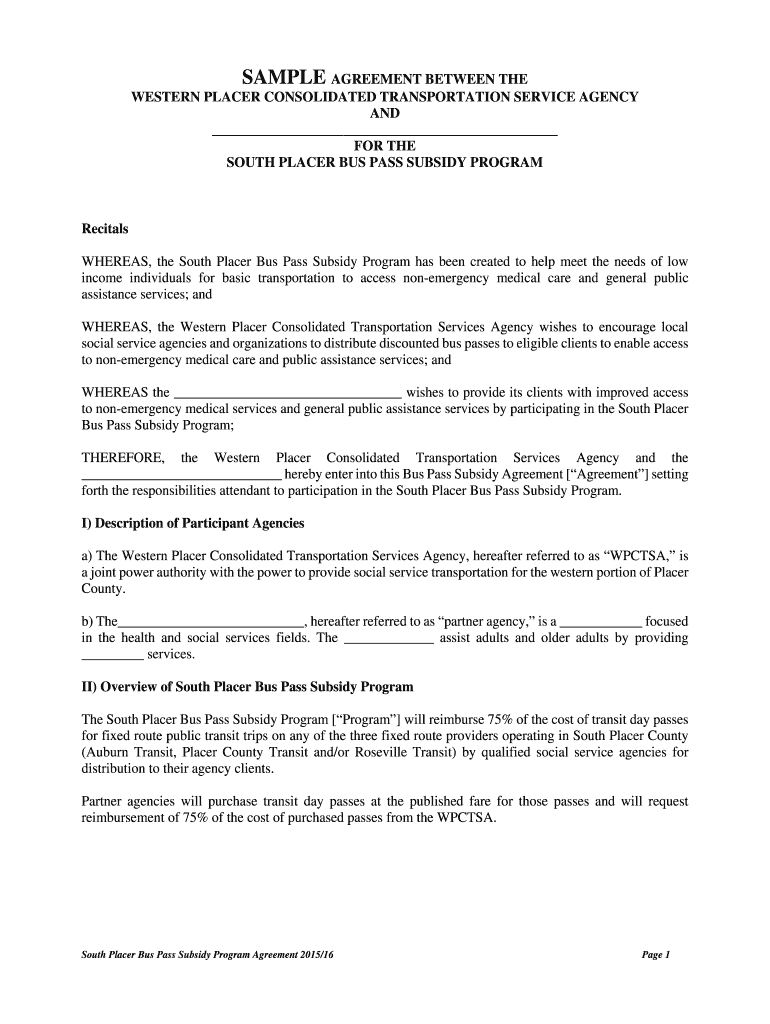 Fillable Online pctpa SAMPLE AGREEMENT BETWEEN THE WESTERN PLACER ...
