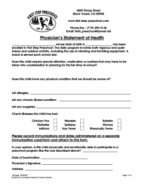 Fillable Online Physicians Statement of Health - First Step Preschool ...