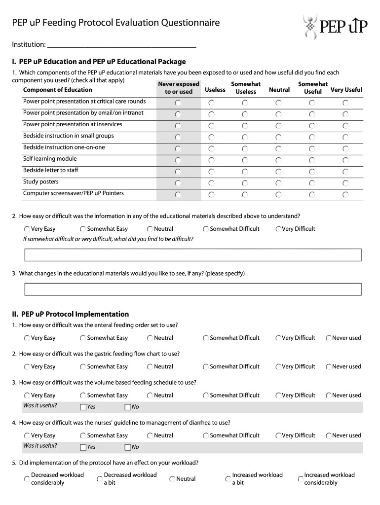 Fillable Online PEP uP Feeding Protocol Evaluation Questionnaire Fax ...
