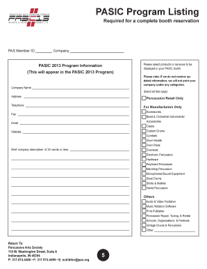 Fillable Online pas PASIC Program Listing Required for a complete booth ...