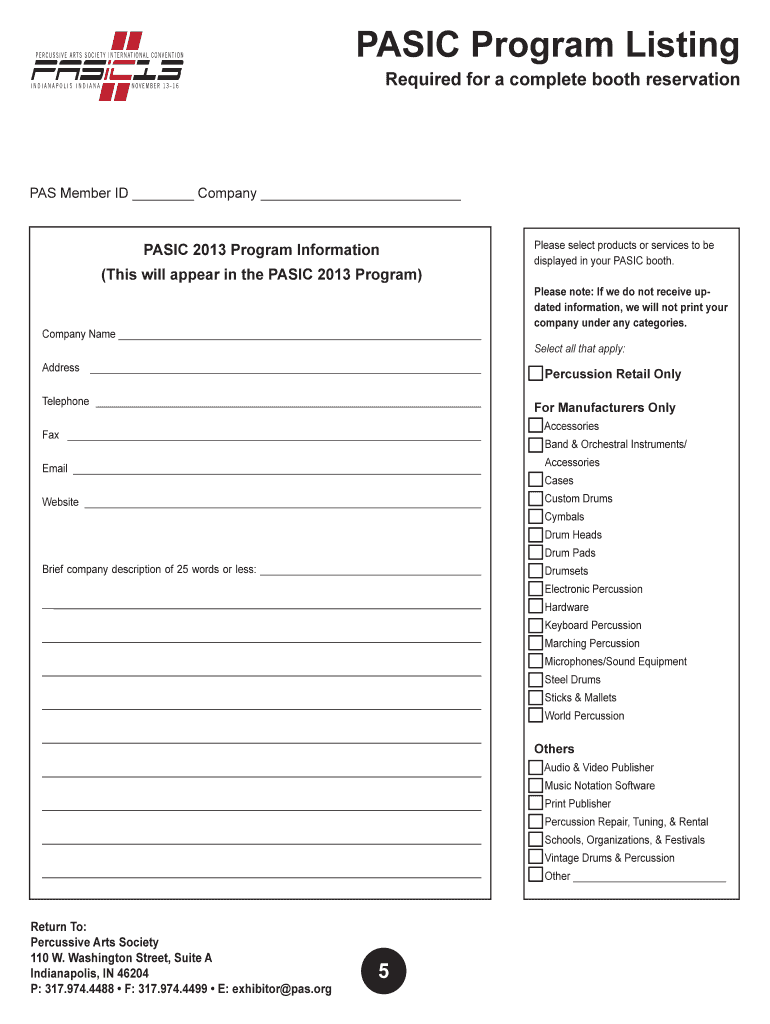 Fillable Online pas PASIC Program Listing Required for a complete booth ...