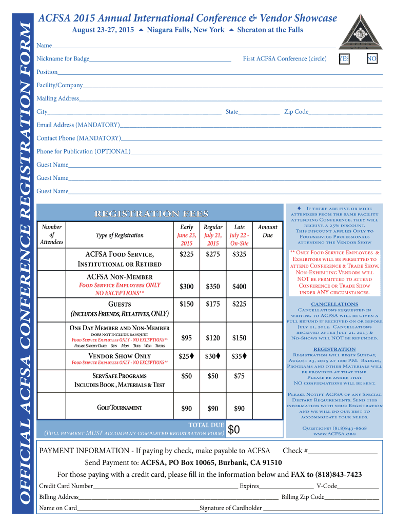 Fillable Online ACFSA 2015 Annual International Conference Vendor Fax ...