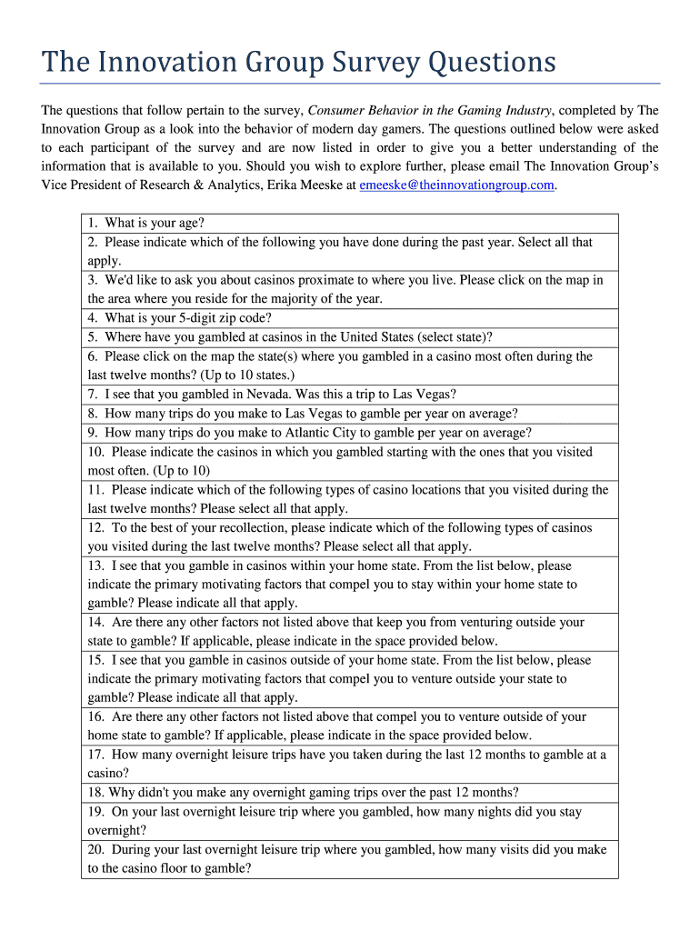 Fillable Online The Innovation Group Survey Questions Fax Email Print ...