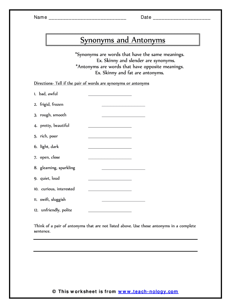 Fillable Online Synonyms and Antonyms Understanding The Mean of Words ...