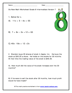 Fillable Online Solving For x Stock Word Problems Eigthth Grade Math ...