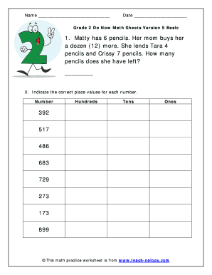Fillable Online Place Value to Hundreds Chart Basic Word Problems 2nd ...