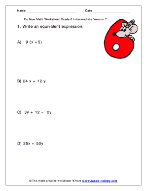 Fillable Online Equivalent Expressions Sixth Grade Math Practice ...