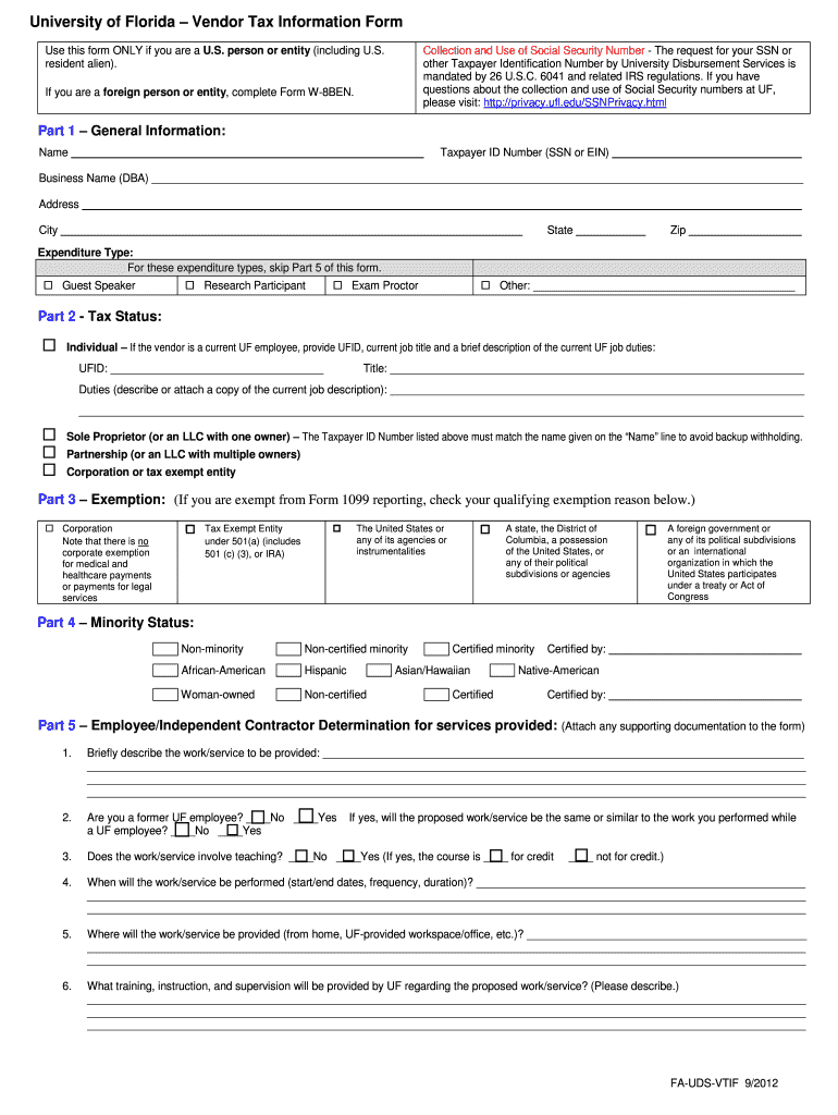 Fillable Online University of Florida Vendor Tax Information Form Fax ...