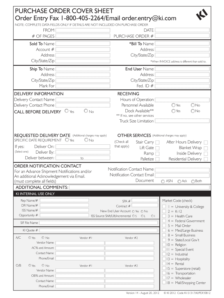 Fillable Online PURCHASE ORDER COVER SHEET Order Entry Fax 1-800-405 ...