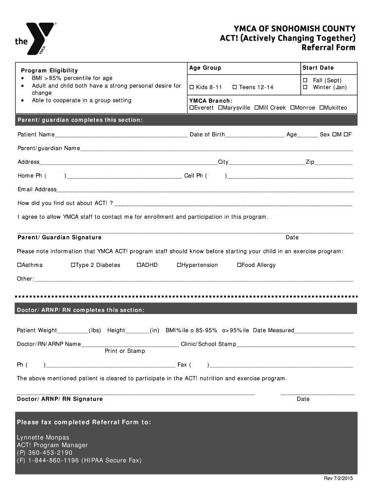 Fillable Online ymca-snoco Provider Referral Form Template 0715SnoCo Fax Email Print - pdfFiller
