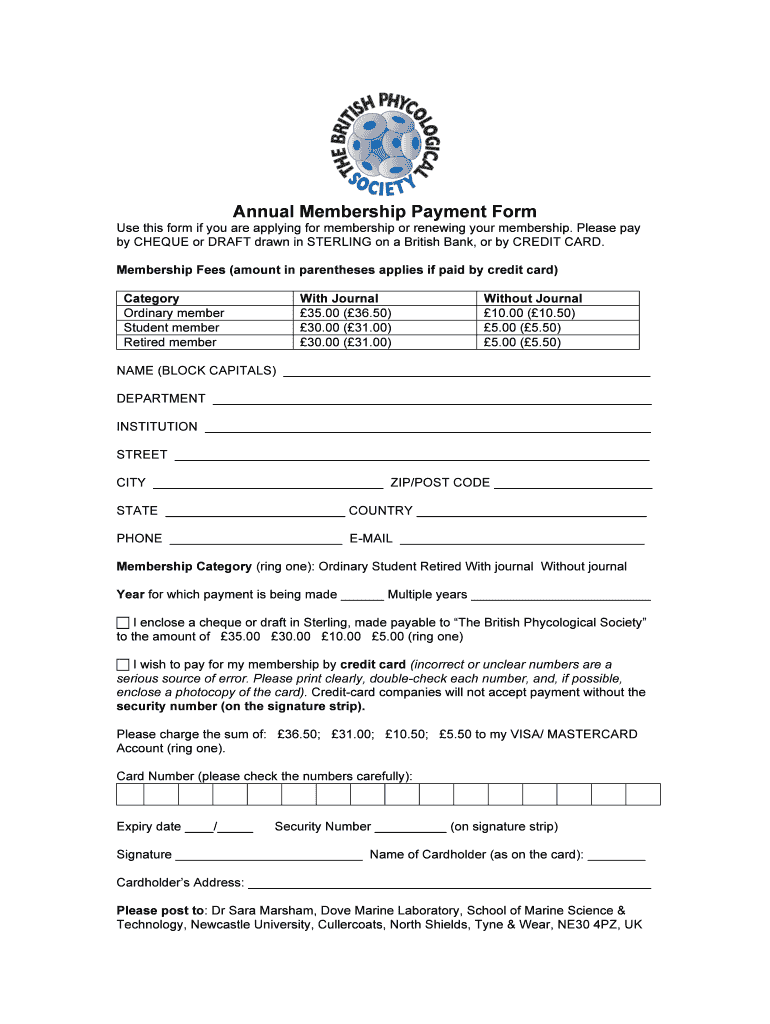 Fillable Online brphycsoc Annual Membership Payment Form - British ...