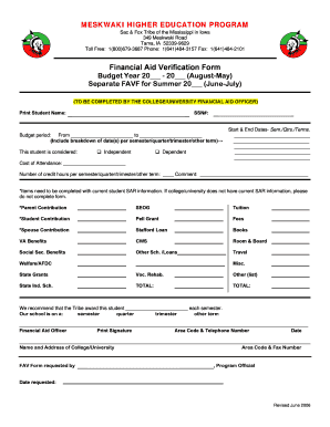 Fillable Online Financial Aid Verification Form Budget Year 20 - 20 Fax ...