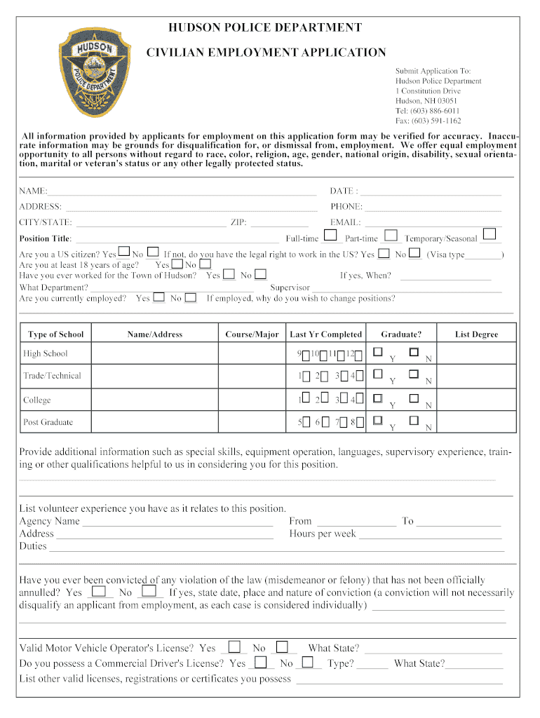 Fillable Online HUDSON POLICE DEPARTMENT CIVILIAN EMPLOYMENT ...