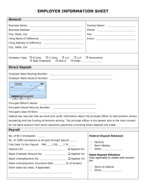Fillable Online EMPLOYER INFORMATION SHEET - KAS Bookkeeping Fax Email Print - pdfFiller
